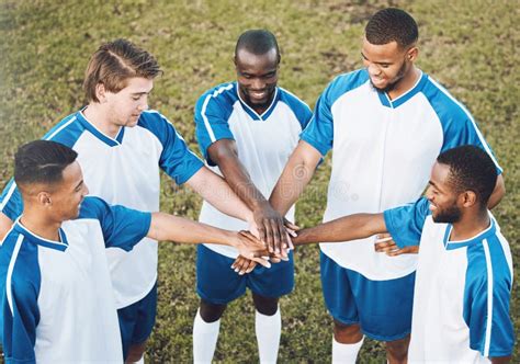 Soccer Team And Hands Of Men In Support Of Sports Collaboration And