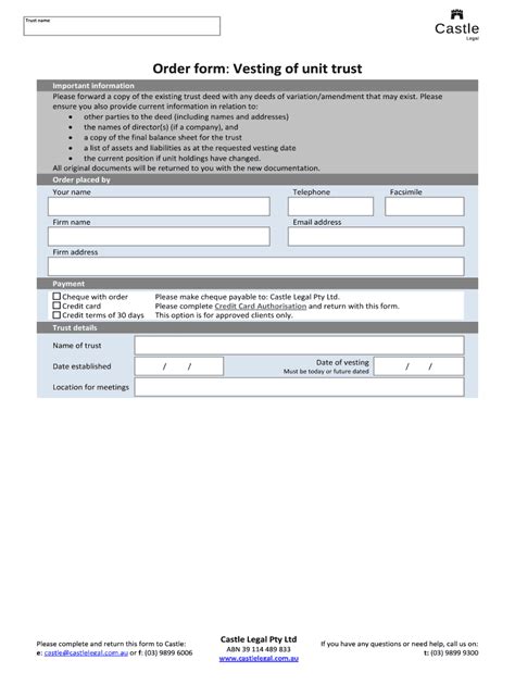 Fillable Online Order Form Vesting Of Unit Trust Castle Legal Fax Email Print Pdffiller