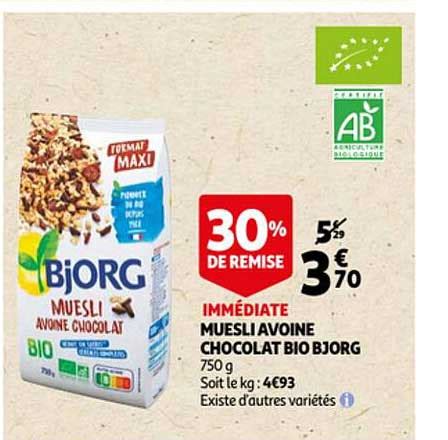 Promo Muesli Avoine Chocolat Bio Bjorg Chez Auchan ICatalogue Fr