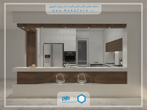 ربوطرح طراحی کابینت آشپزخانه مدرن سفید و قهوه ای رنگ با کانتر زیبا