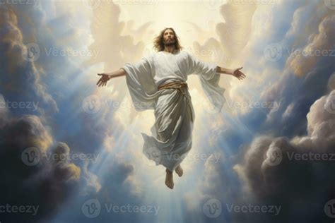 Jesus Christ Ascends To Heaven Illuminated By A Beam Of Light In A Sky