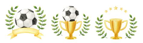 축구공과 월계관이 있는 골든 컵 축구 경기 챔피언 황금 트로피 우승자 1위 승리를 위한 상금 컵 스포츠 경기의 속성 집합입니다 수채화 그림입니다 격리 1에 대한 스톡 벡터