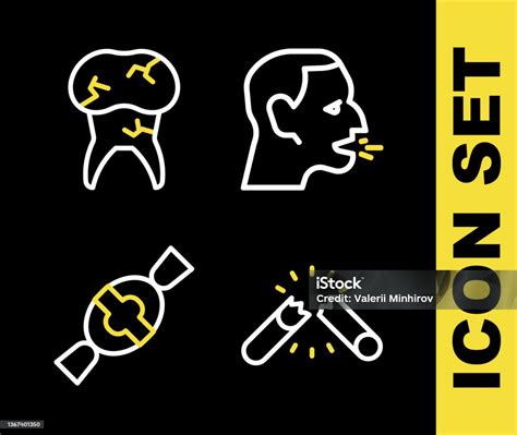 세트 라인 남자 기침 깨진 담배 사탕과 치아를 충치 아이콘 벡터 감기와 독감에 대한 스톡 벡터 아트 및 기타 이미지 감기와