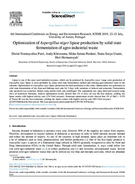 Pdf Optimization Of Aspergillus Niger Lipase Production By Solid State Fermentation Of Agro