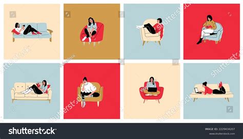 Girls Sitting Armchair Sofa Home Woman Stock Vector Royalty Free