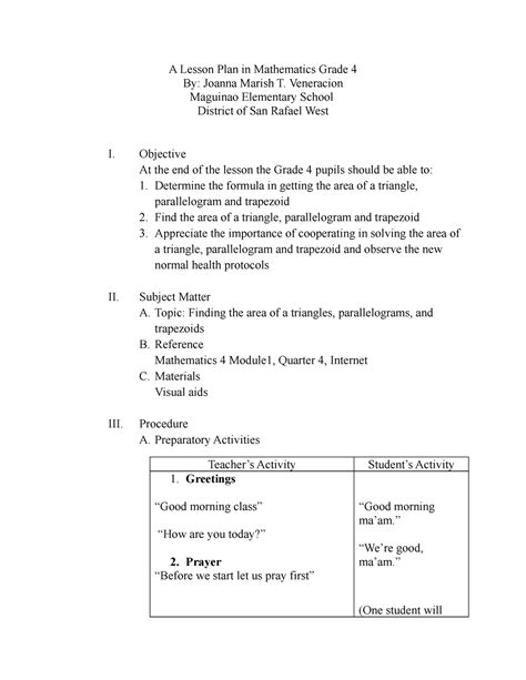 A Lesson Plan In Mathematics Grade Veneracion Maguinao Elementary School District Of San