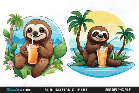 Watercolor Sloth Tropical Drink Clipart Graphic By Regulrcrative