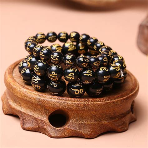 Jual Gelang Batu Hitam Black Onyx Tibet Motif Mantra Buddha Om Mani
