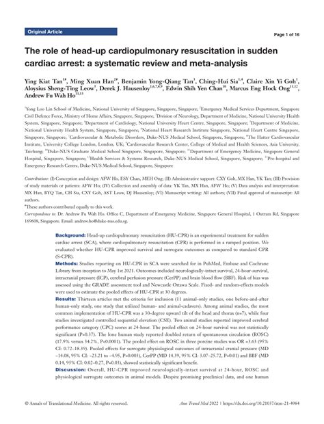 Pdf The Role Of Head Up Cardiopulmonary Resuscitation In Sudden Cardiac Arrest A Systematic