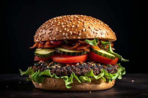 Premium Photo Vegan Burger With A Whole Grain Bun And Assorted