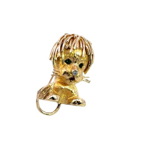 Vintage 14k Gold Lion Pin With Emerald Eyes Ruby Tongue And Diamond