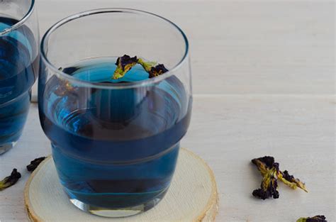 나비 완두콩 꽃 차는 카페인이없는 허브 차이며 클리토리아 테레나타 식물의 의약 특성을 많이 유지합니다 코르도판 완두콩 또는 아시아 비둘기라고도 불리는 이 이국적인 블루