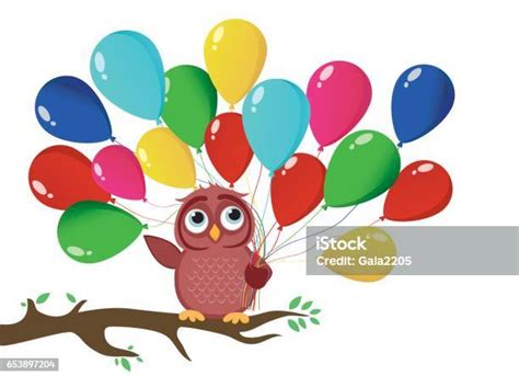 귀여운 올빼미에 앉아서 많은 다채로운 풍선 들고 인사말 카드 또는 생일 발렌타인의 날 초대 벡터 일러스트 레이 션 구름에 대한 스톡 벡터 아트 및 기타 이미지 Istock