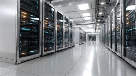 Rows Of Powerful Supercomputers Illuminated By Blue Lights Create A High Tech Environment For