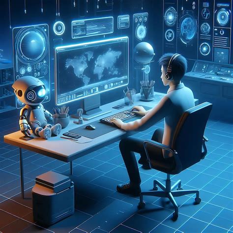 Premium Photo A Robot Sits At A Computer With A World Map On The