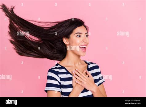 Profile Photo Of Impressed Young Millennial Lady Look Empty Space Wear