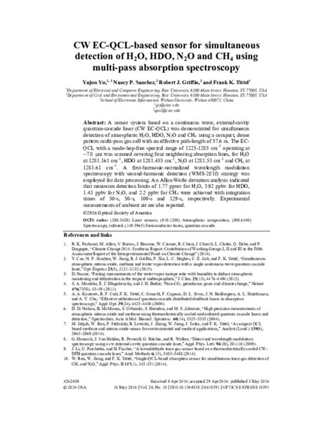 Pdf Cw Ec Qcl Based Sensor For Simultaneous Detection Of H 2o Hdo N 2o And Ch 4 Using Multi