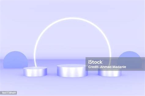 제품 배경 단계 또는 연단을 위한 3d 플랫폼 파란 색깔 및 반지 원형 네온 백색 색깔을 가진 빈 전시 플랫폼 3d