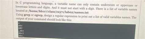 Solved In C Programming Language A Variable Name Can Only Chegg