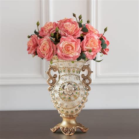 Shinely 116 European Retro White And Gold Resin Large Flower Vase Decor