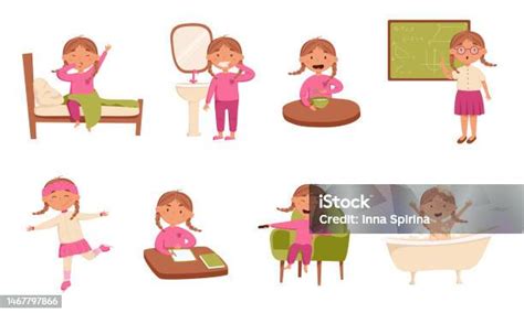 매일 귀여운 금발 소녀 벡터 일러스트 레이 션의 집합입니다 일상 일정 흰색 배경에 격리 땋은 머리에 대한 스톡 벡터 아트 및 기타 이미지 Istock