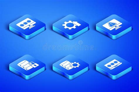 Set Laptop With Password Monitor Server And Gear Security Lock Arrow Growth And Exclamation