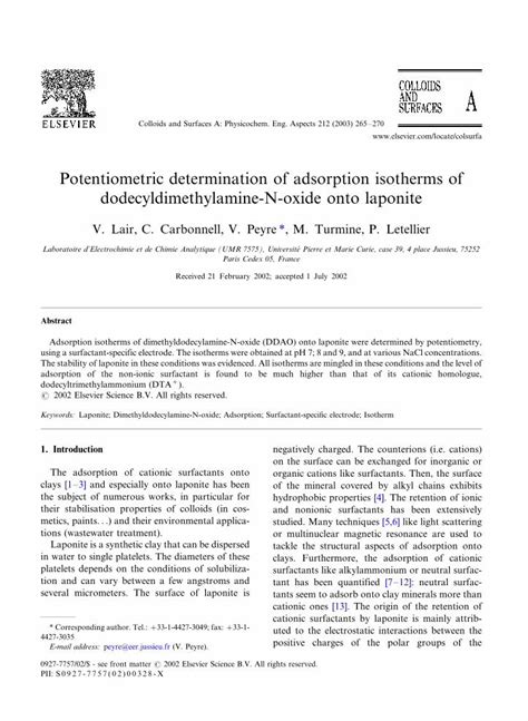 Pdf Potentiometric Determination Of Adsorption Isotherms Of Dodecyldimethylamine N Oxide Onto