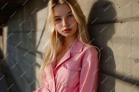 Premium Photo A Beautiful Blonde Teenage Model Poses In A Pink Outfit