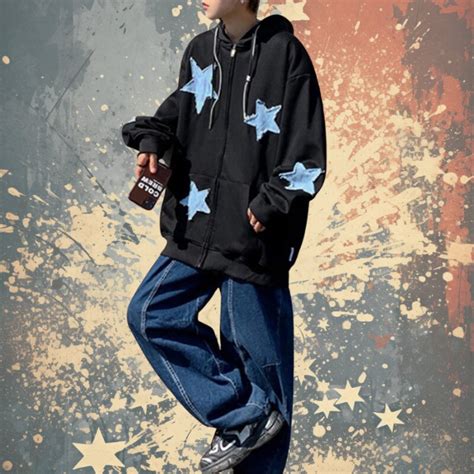 Star Zip Up Hoodie Star Embroided Hoodie Zip Up Hoodie Y2k Oversized