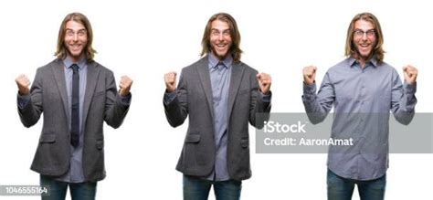 축 하 하는 흰색 절연된 Backgroud 이상 젊은이 놀라게 하 고 무기와 성공을 위한 깜짝 놀라게 하는 잘생긴 사업의 콜라주 고 눈 우승자 개념입니다 경영자에 대한 스톡