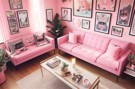 A Living Room With Pink Couches And Pictures On The Wall Generative Ai