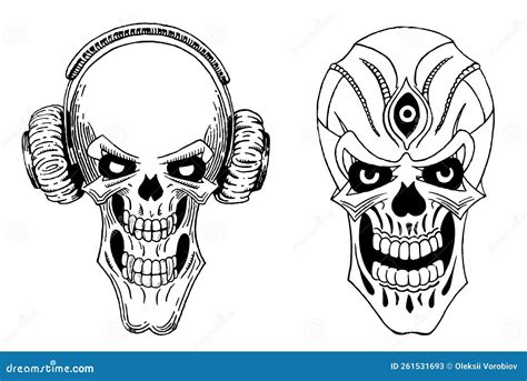 Graphical Set Of Human Skulls Isolated On White Vector Spooky Element