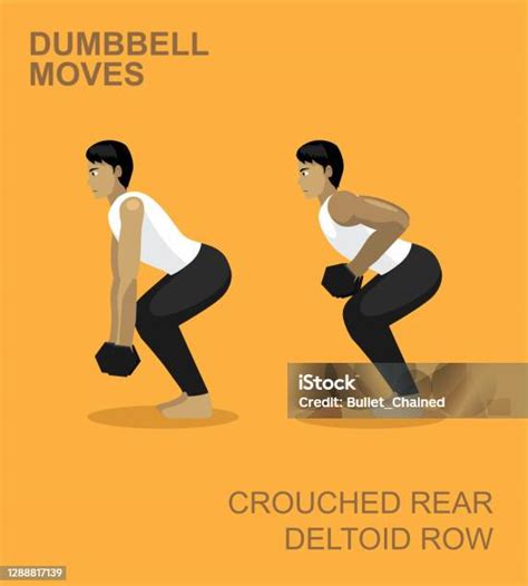 웅크리고 있는 리어 델토이드 로우 아령 만화 체육관 세트 일러스트레이션 가정 생활에 대한 스톡 벡터 아트 및 기타 이미지 가정 생활 건강한 생활방식 덤벨 Istock