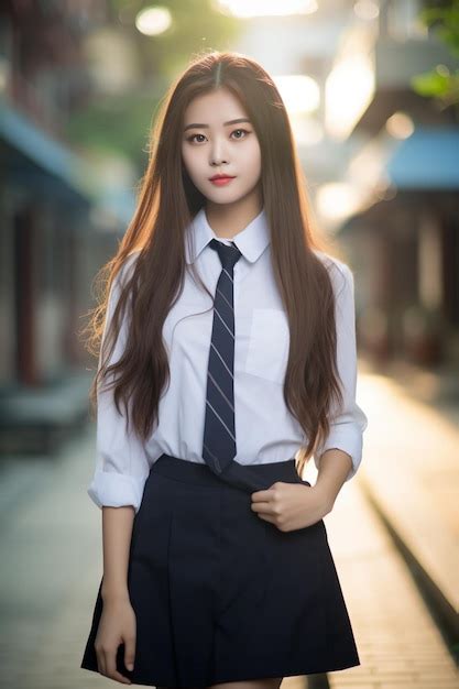 Retrato De Una Hermosa Chica China Con El Pelo Largo Vistiendo Uniforme