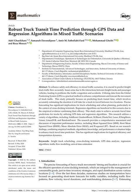 Pdf Robust Truck Transit Time Prediction Through Gps Data And