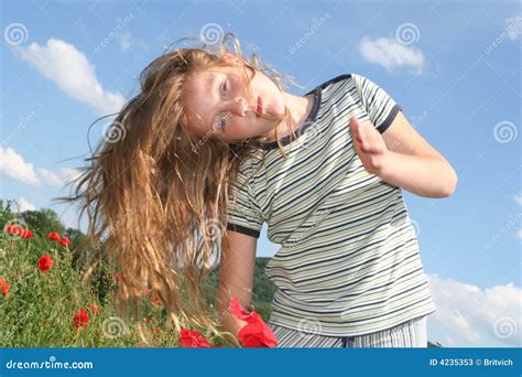 Girl With Poppies Over Sky Stock Image Image Of Fine 4235353