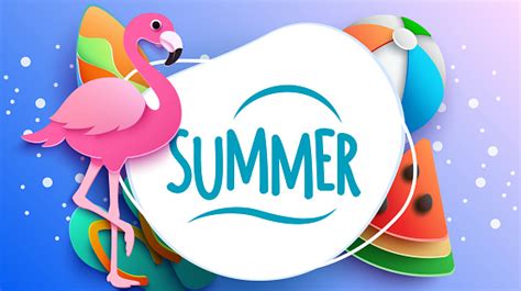 플라밍고 수박 조각 비치볼 조개껍데기가 종이 컷 스타일로 그려진 여름 해변 장면 벡터 일러스트 여름에 대한 스톡 벡터 아트 및 기타 이미지 Istock