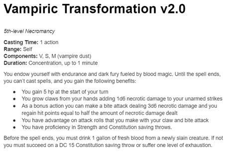 Vampiric Transformation 5th Level Spell Rcurseofstrahd
