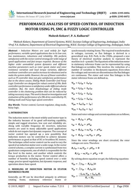 Irjet Performance Analysis Of Speed Control Of Induction Motor Using Pi Smc And Fuzzy Logic