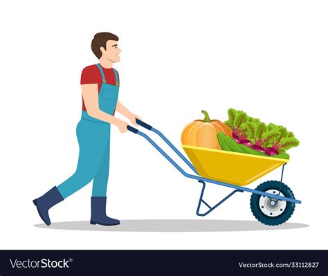 Farming Man Pushing Wheelbarrow Royalty Free Vector Image