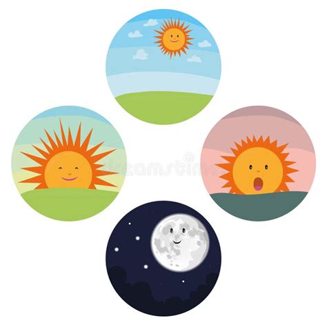 Cycle Of Sun Morning Noon Evening And Night Sky Vector Set Of