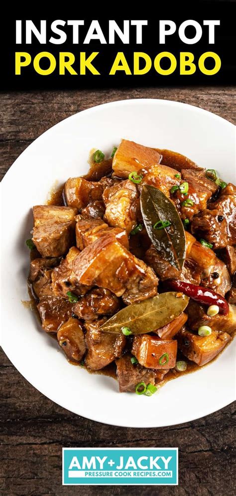 The Cover Of Instant Pot Pork Adobo Is Shown On A White Plate With