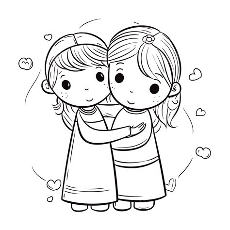Two Girls Hugging Each Other For A Coloring Page Outline Sketch Drawing
