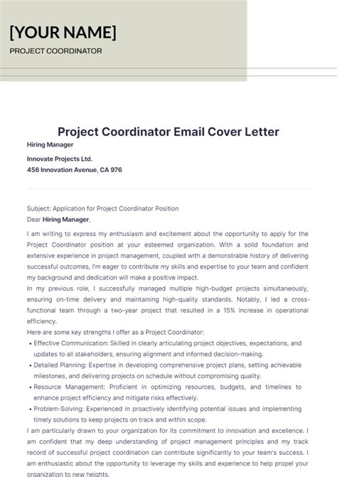 Free Project Coordinator Email Cover Letter Template To Edit Online