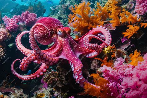Premium Photo Octopus Sitting On Colorful Coral Reef