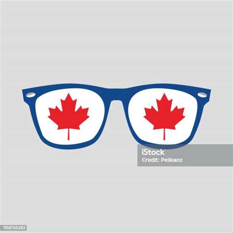 회색 배경에 파란색 프레임 선글라스 아이콘에 캐나다 빨간 단풍 잎 기호 Canada Day에 대한 스톡 벡터 아트 및 기타