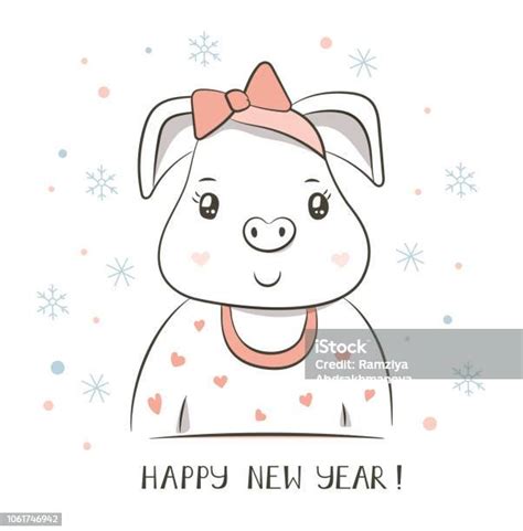 행복 한 돼지입니다 중국 새 해 2019입니다 인사말 카드입니다 조디악 로그인 만화 손으로 그린 벡터 일러스트 레이 션