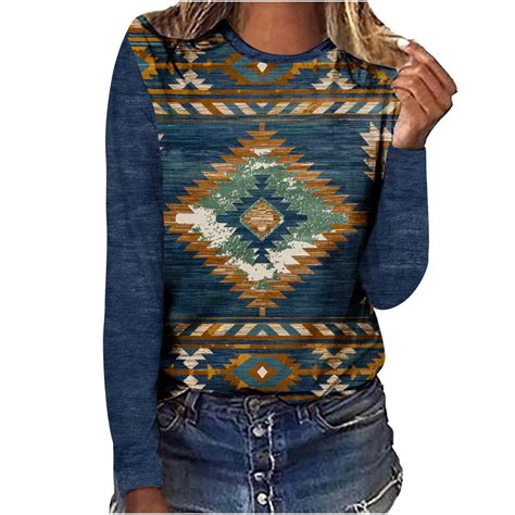 Jggspwm Womens Western Graphic Blouse Shirts Long Sleeve Crewneck Aztec