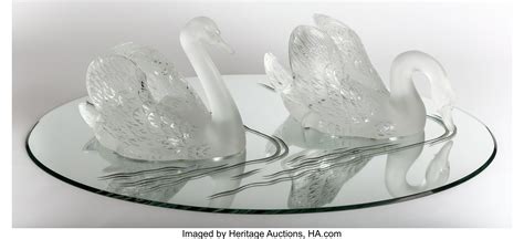 Pair Of Lalique Frosted Glass Swans Displayed On Etched Mirror Lot