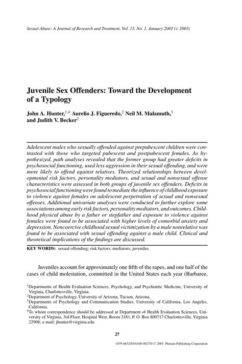 Pdf Juvenile Sex Offenders Toward The Development Of A Typology